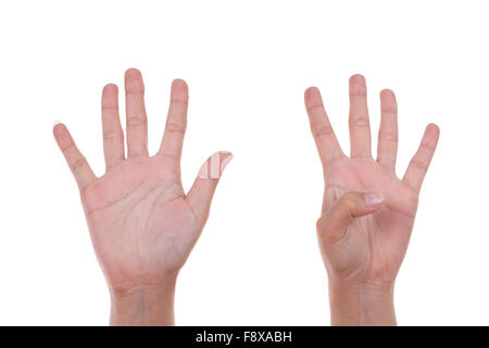 Female hands showing nine fingers isolated on white background Stock ...