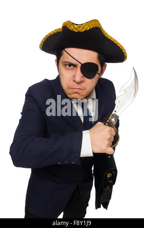 One eyed pirate with briefcase and sword isolated on white Stock Photo ...