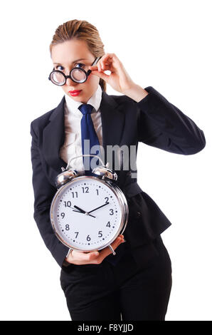 Nerd businesswoman with gian alarm clock Stock Photo - Alamy
