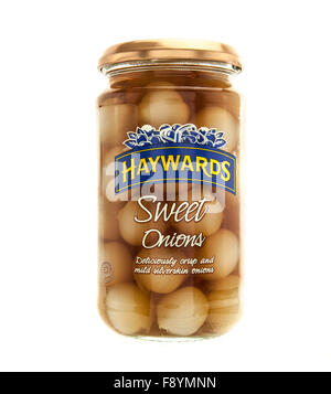 A jar of Haywards sweet pickled onions on a white background Stock ...