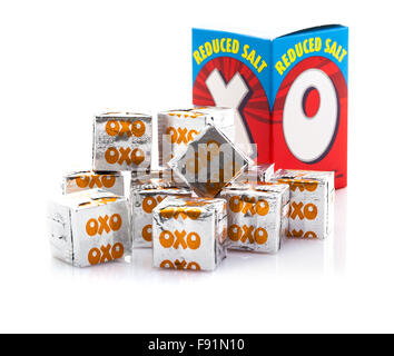 Beef And Chicken OXO stock cubes With Bisto Gravy Granules on a White ...