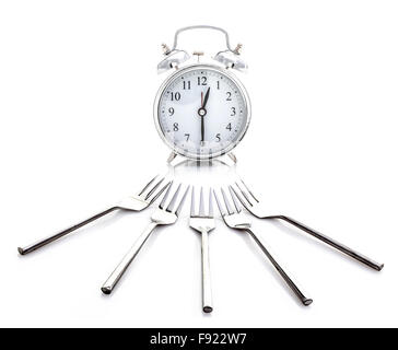 Time for lunch break concept. Alarm clock on a white plate with fork ...
