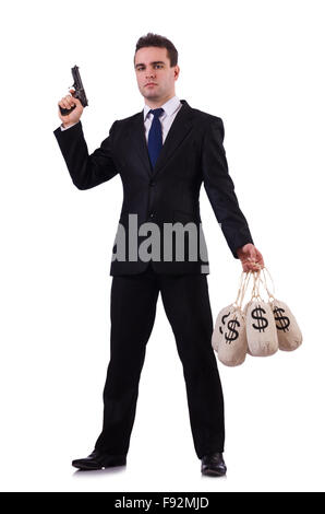 Gangster with bags of money on white Stock Photo - Alamy