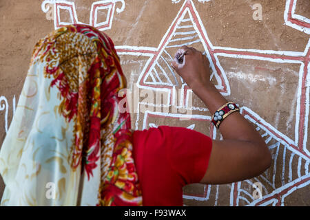 India, Rajasthan, Pushkar, mural painting showing a swastika ...