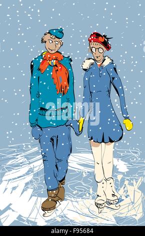 young couple with winter clothes in snowscape vector illustration ...