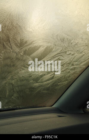 Artistic shapes created by nature, frozen windshield with feather like ...