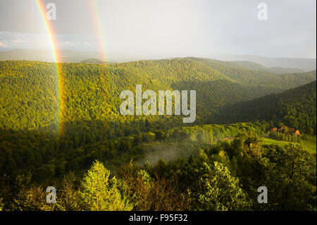 Rainbow viewed from Loewenstein Castle near Wingen Alsace France Stock ...