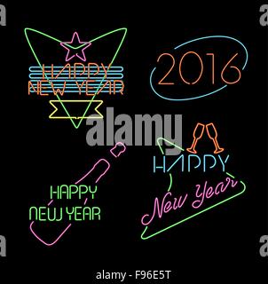 Christmas champagne neon sign set. Fizzy wine, bottle, flutes. Vector ...