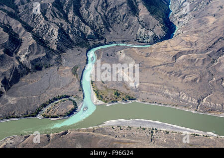 Aerial of the junction of the Chilcotin & Fraser Rivers in British ...