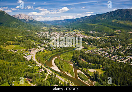 Aerial view of Elk River with Mount Hosmer in background, Fernie, BC ...
