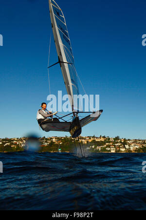Scott Babbage in a training session on his Moth Mach 2 in Sydney ...