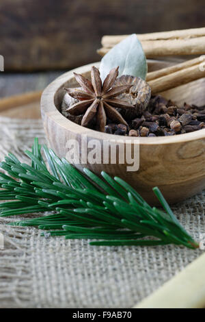Spices: star anise, cinnamon, bay leaves, fennel, chili pepper and ...