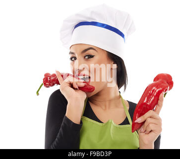 biting sweet pepper woman happy smile cute woman cooking at home happy ...