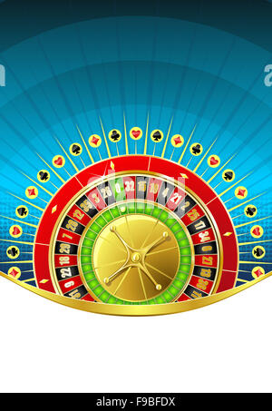 Abstract gambling background with roulette wheel, playing cards and ...
