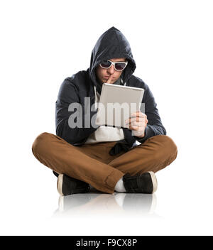 A criminal man in a hidden mask raised a hand behind the head for ...