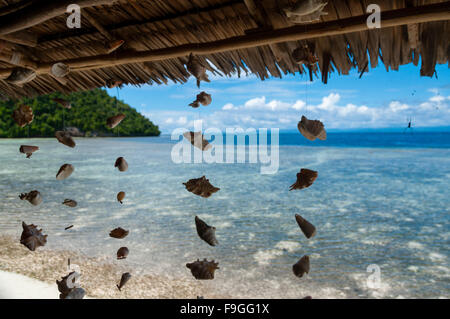 Shells Hanging From Bamboo Roof in front of crystal clear water and ...