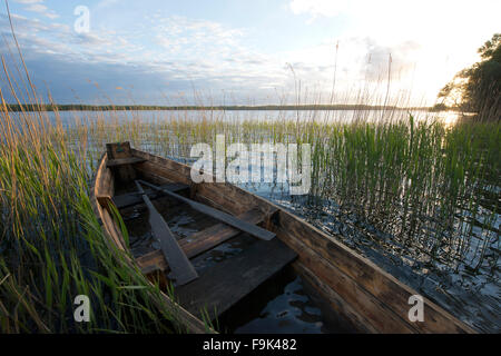 wooden rowboat, drawsko lake (jezioro drawsko), pomeranian lakeland ...
