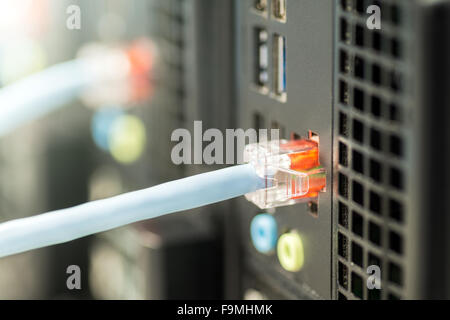 Close-up of an ethernet cable plugged into a wall socket, horizontal ...
