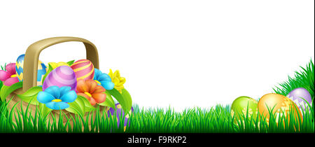 Easter eggs in a wicker basket with forget-me-not flowers. Hand-drawn ...