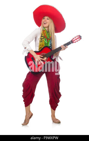 Woman wearing guitar with sombrero Stock Photo - Alamy