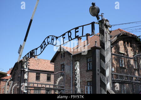 Arbeit macht frei sign at the main entrance gate to Auschwitz I ...