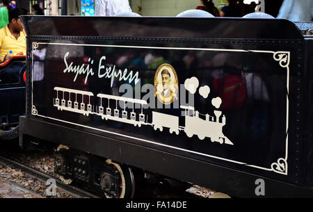 The new toy train "Sayaji Express" filled with people, ready to depart ...