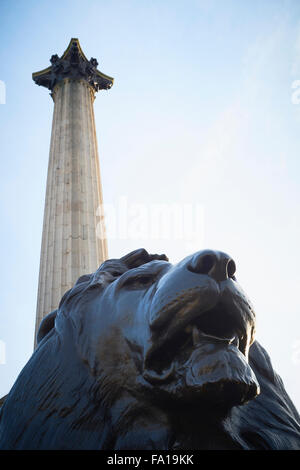 A low angle shot of Nelson's Column against a cloudy sky at Trafalgar ...