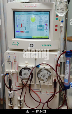 Screen monitor of a kidney dialysis (haemodialysis) machine showing the ...