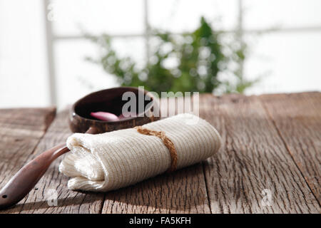 frangipani flower ,hand towel and coconut shell Stock Photo - Alamy