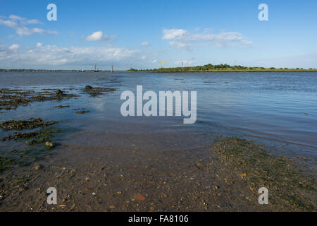 View of the causeway across the Blackwater Estuary to Northey Island ...