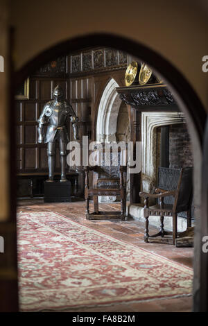 The interior of the great hall of the medieval manor house built in ...