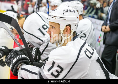 Los Angeles Kings left wing Jeff Malott, right, looks to pass while ...