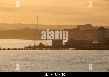Sundown over the River Tyne and the town of South Shields, England. The ...