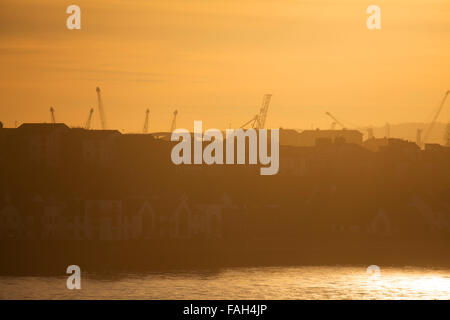 Sundown over the River Tyne and the town of South Shields, England. The ...