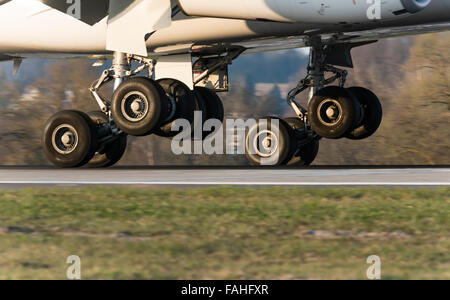 Tires of the main gear of an Airbus A340 passenger aircraft of Swiss ...