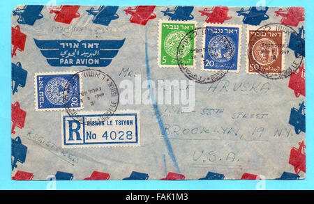 An envelope posted in 1949 using Doar Ivri stamps. Doar Ivri, (Hebrew Post) are stamps that were ...