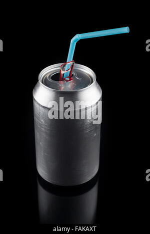Aluminum can with the ring pull and straw. Isolated on a white Stock ...