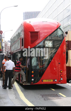 A REAR VIEW OF A RED LONDON NEW ROUTEMASTER BORISMASTER BUS SHOWING ...