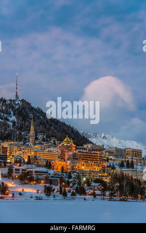 Night image of St.Moritz Village and Lake St.Moritz, Switzerland Stock ...