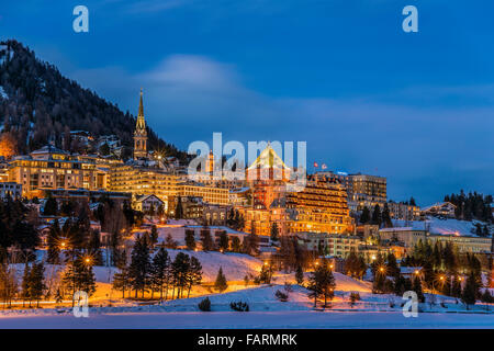 Night image of St.Moritz Village and Lake St.Moritz, Switzerland Stock ...