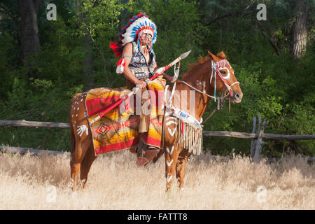 Warrior in Comanche clothing riding chestnut horse, pointing with spear ...