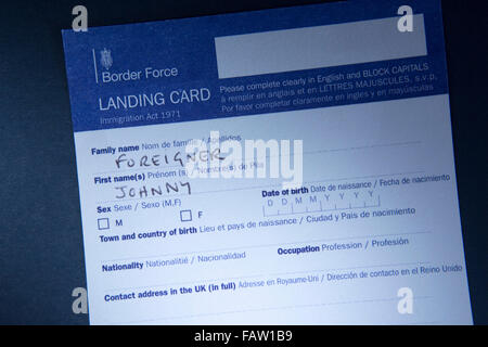 A UK Border Force landing card, as issued to foreign visitors arriving ...