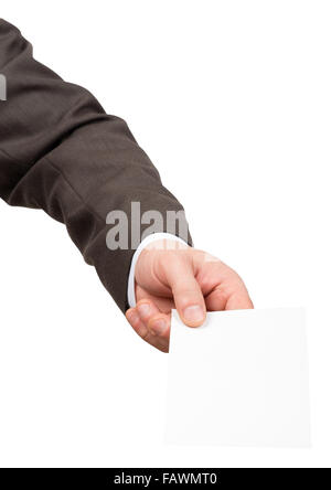 Businessman holding small blank paper Stock Photo - Alamy