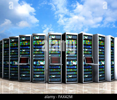 Terminal monitor in server room with server racks in datacenter ...