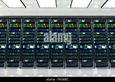 Terminal monitor in server room with server racks in datacenter ...