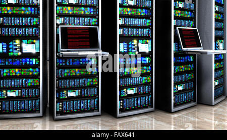 Terminal monitor in server room with server racks in datacenter ...