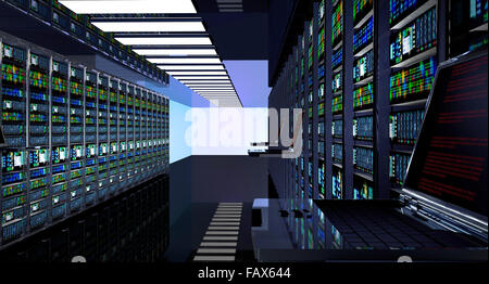Terminal monitor in server room with server racks in datacenter ...