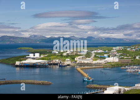View Sand Point harbor and breakwaters of Popof Island on a sunny day ...