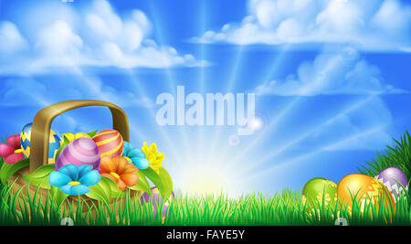 Easter eggs in a wicker basket with forget-me-not flowers. Hand-drawn ...