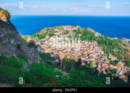 Cityscape of Taormina and the Mediterranean Sea, Sicily, Italy Stock ...